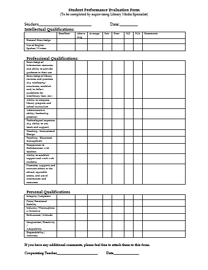Student Evaluation Form Samples - Evaluate Students Student Evaluation Form Samples - Evaluate Students