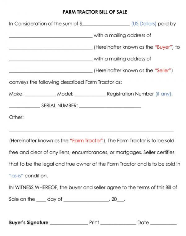 Free Tractor Bill of Sale Forms (Word, PDF)