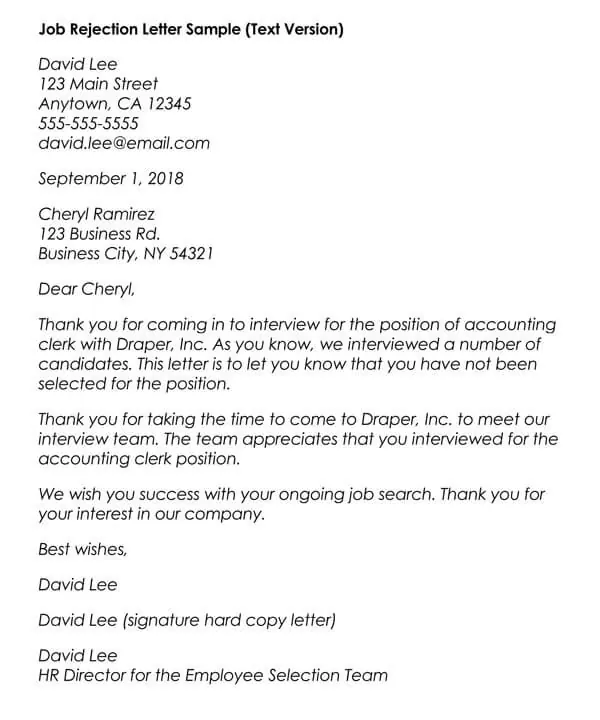 Employment Rejection Letter 9+ Sample Job Applicant Rejection Letters