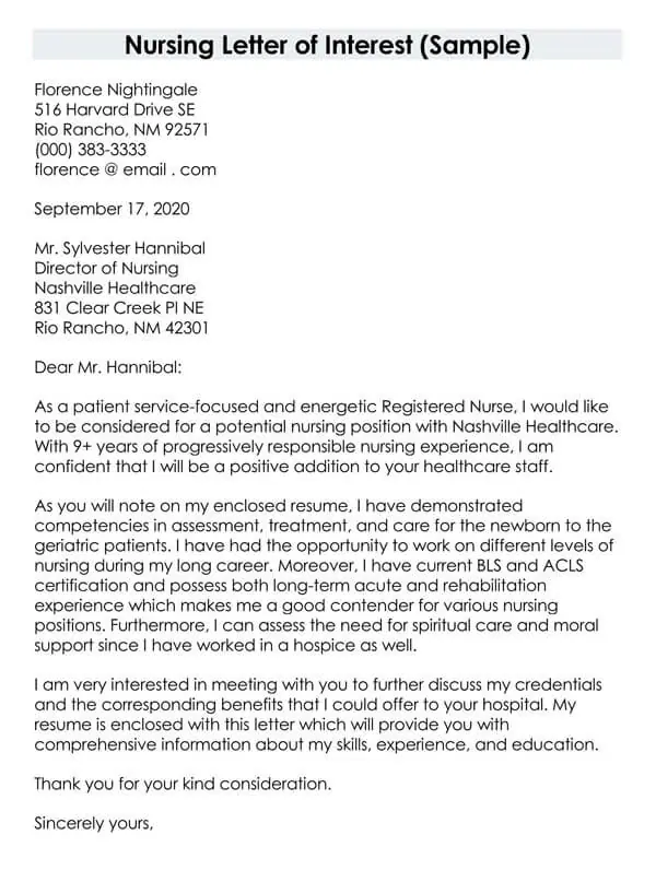 6 Best Letter of Intent for Nursing Job Samples