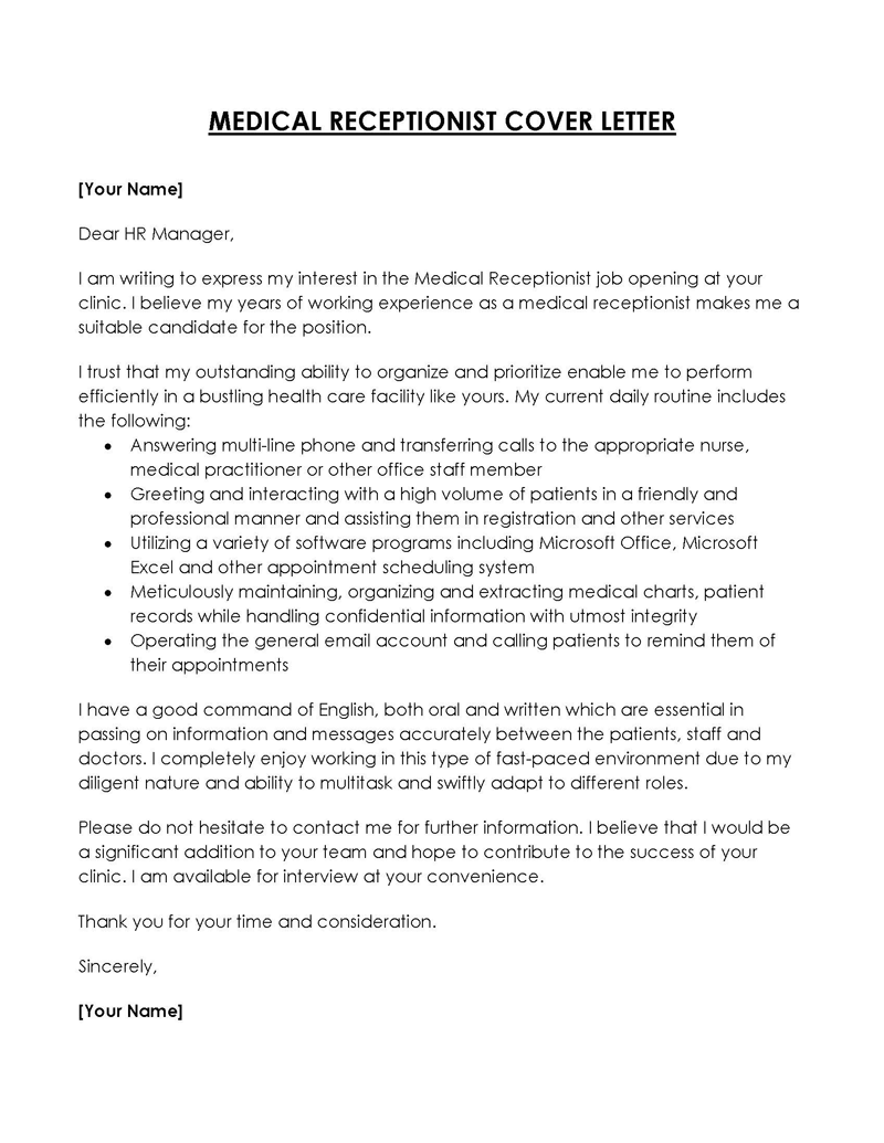 Medical Receptionist Cover Letter Examples